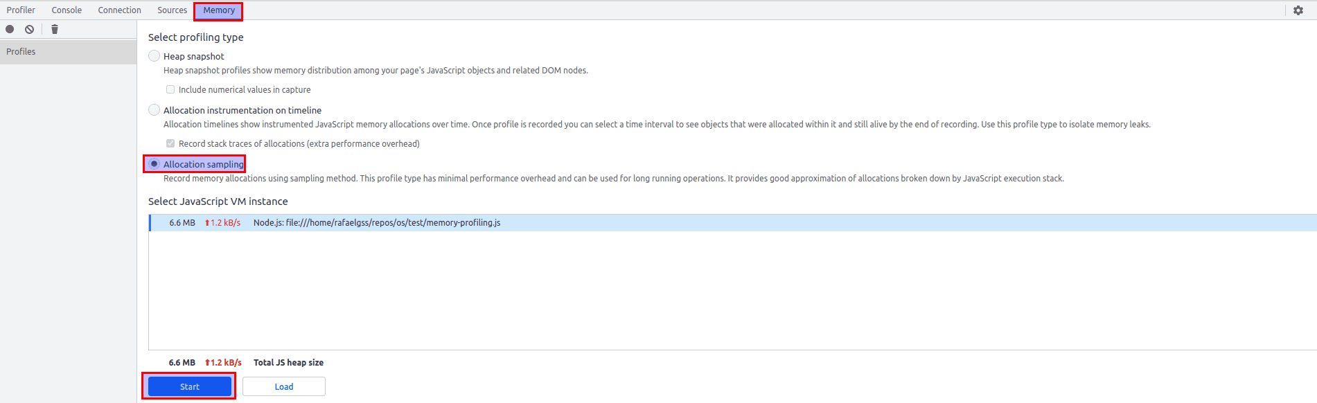 Node.js — Using Heap Profiler